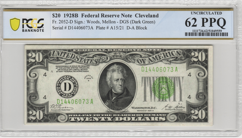Fr.2052-D 1928B Cleveland $20 Federal Reserve Note PCGS Uncirculated 62 ...