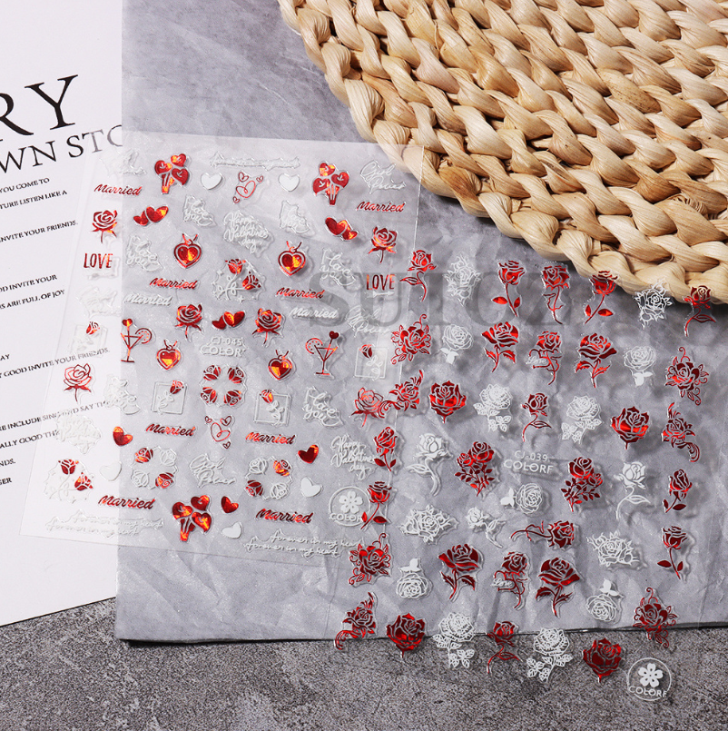 3D Nail Art Stickers Red White Mr & Mrs Rose Heart Kiss Valentine Bride ...