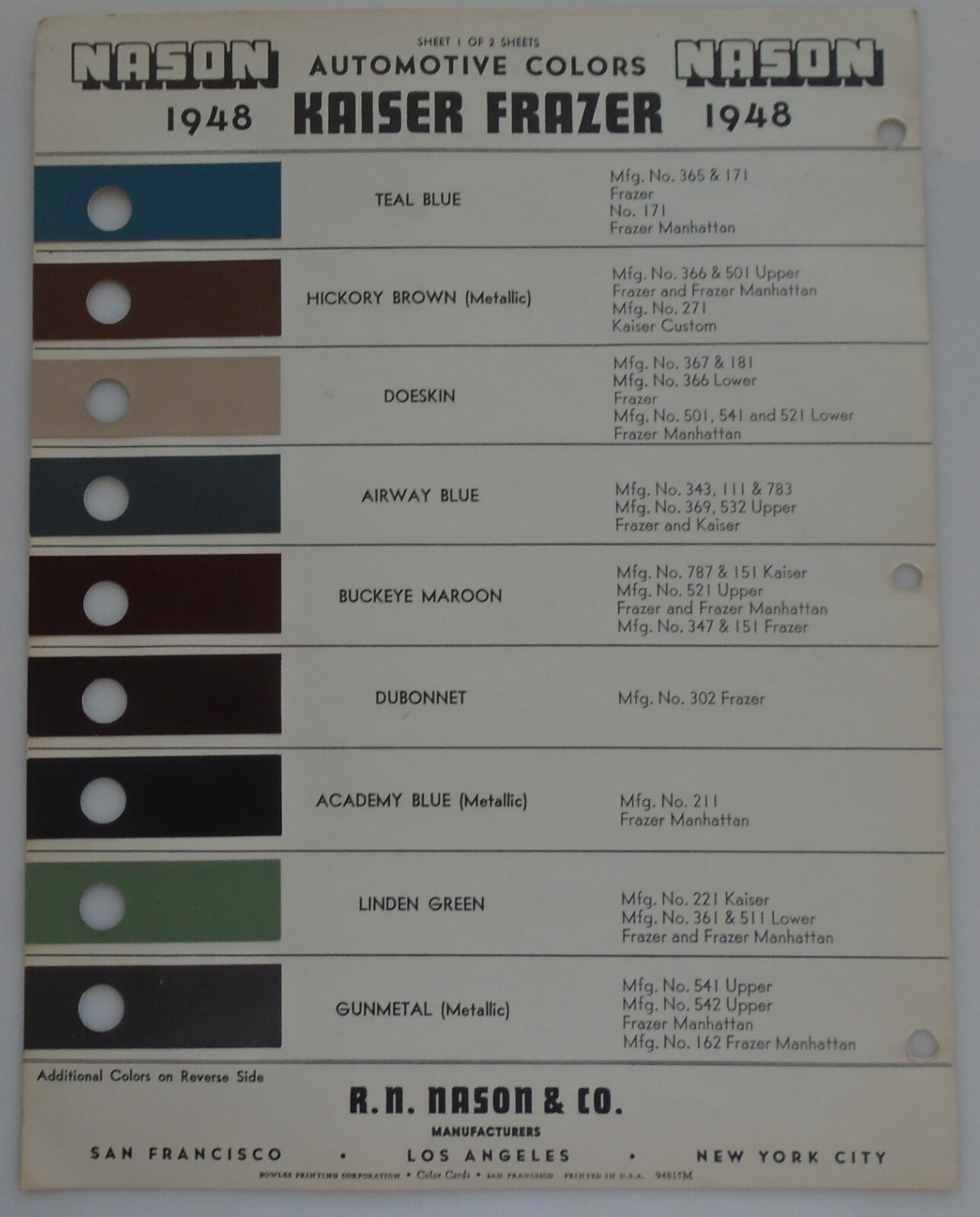 1948 Kaiser Frazer Two Pages Of Nason Color Paint Chips | eBay