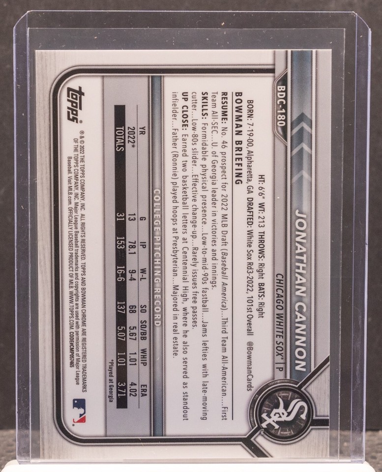 Jonathan Cannon 2022 Bowman Chrome Draft Sapphire Yellow Refractor RC ...