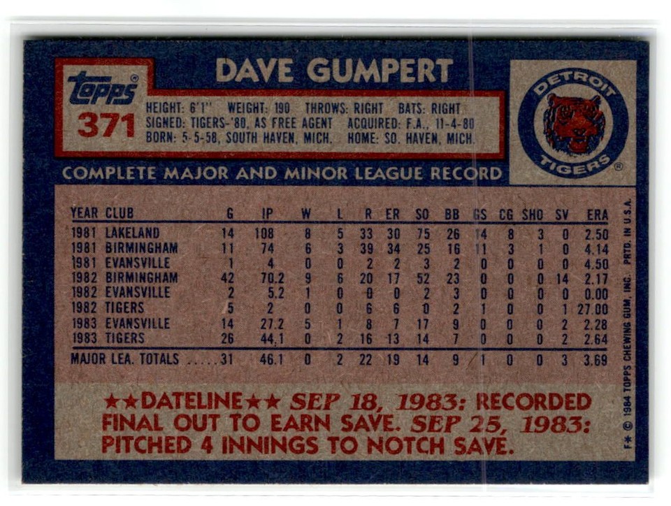 1984 Topps BASEBALL #371 Dave Gumpert Rookie Detroit Tigers | eBay