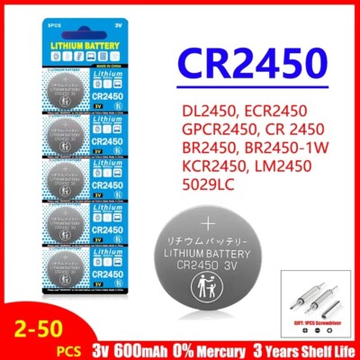 50Pcs CR2450 Button Battery 5029LC LM2450 DL2450 CR2450N BR2450 3V Cell ...