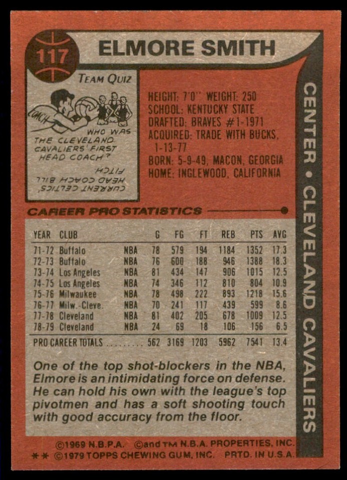 1979-80 TOPPS ELMORE SMITH CLEVELAND CAVALIERS #117 (T108) | eBay