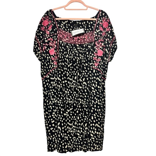 ODDY Black Multi Color Embroidered Tunic Dress 1XL Bohemian Floral ...