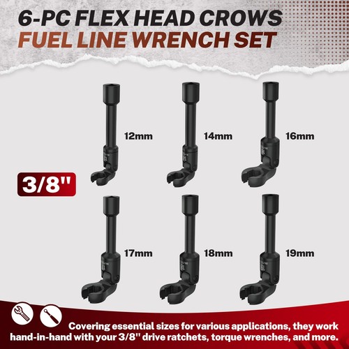 6PCS Long Flex Head Crows Foot Line Wrench Set, 3/8" Drive Injector ...