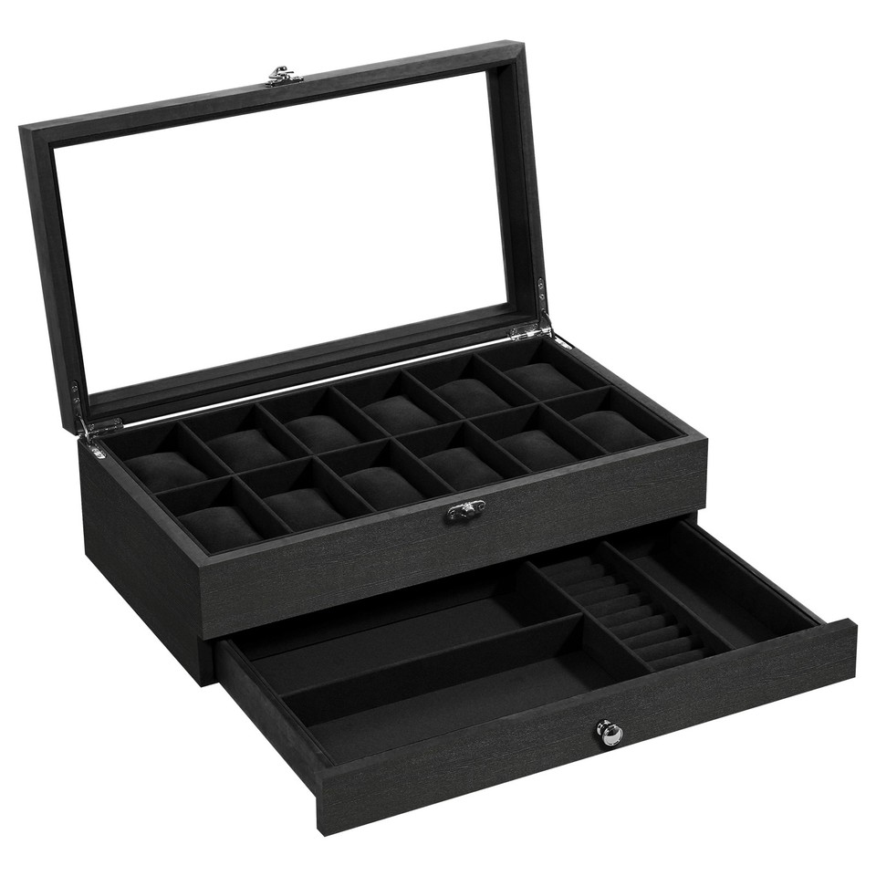 12 Slots Watch Box Solid Wood Jewelry Storage Display Case with Clear ...