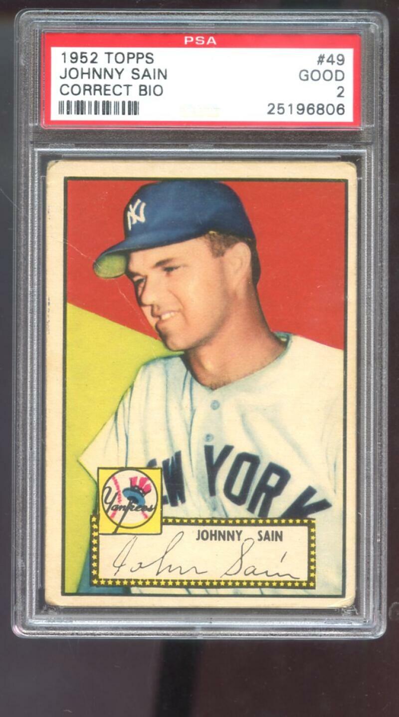 1952 Topps #49 Johnny Sain PSA 2 Graded Baseball Card New York Yankees ...