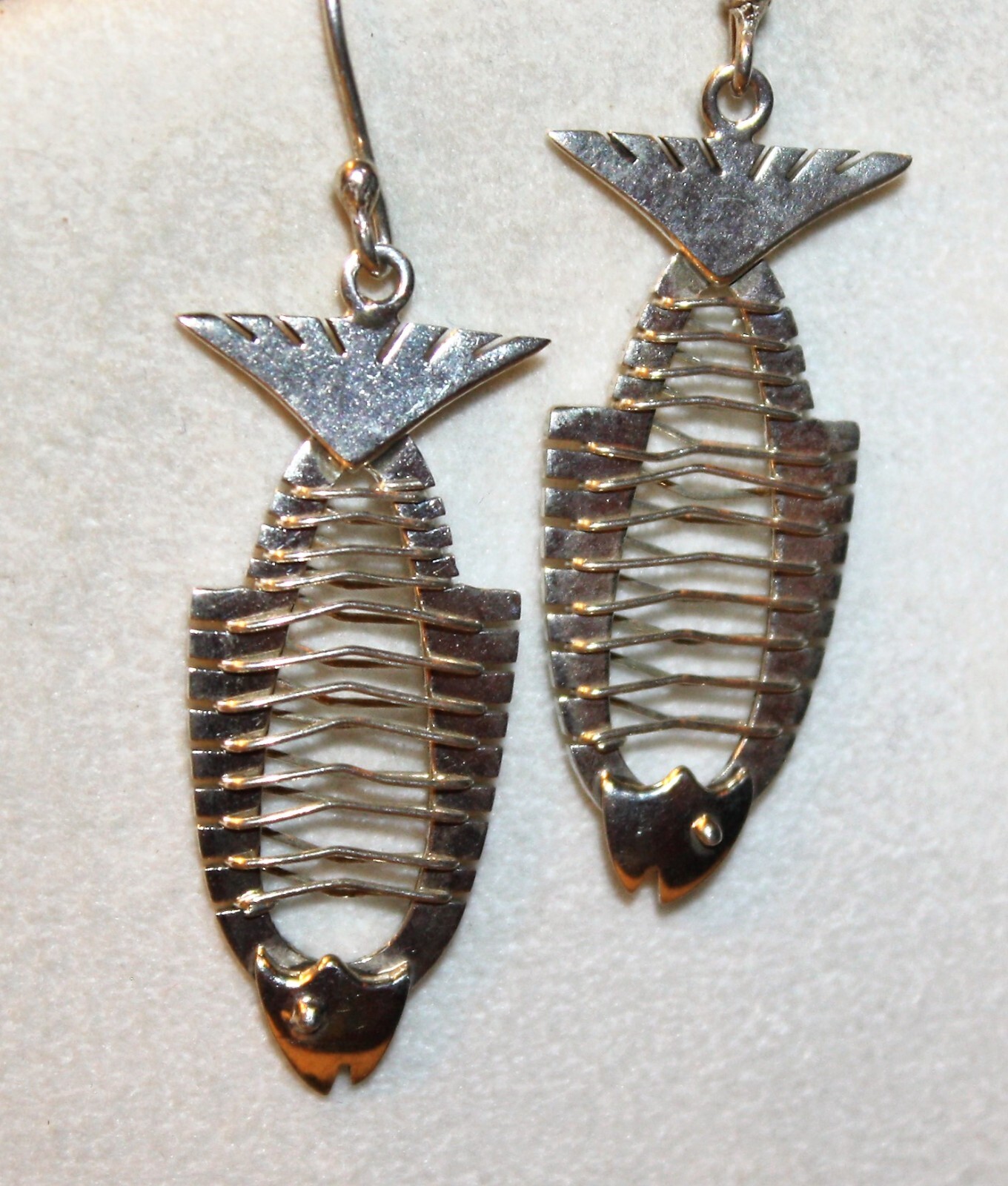 RETRO STERLING SILVER WIRE SKELETON BONE FISH DANGLE EARRINGS MEXICO ...