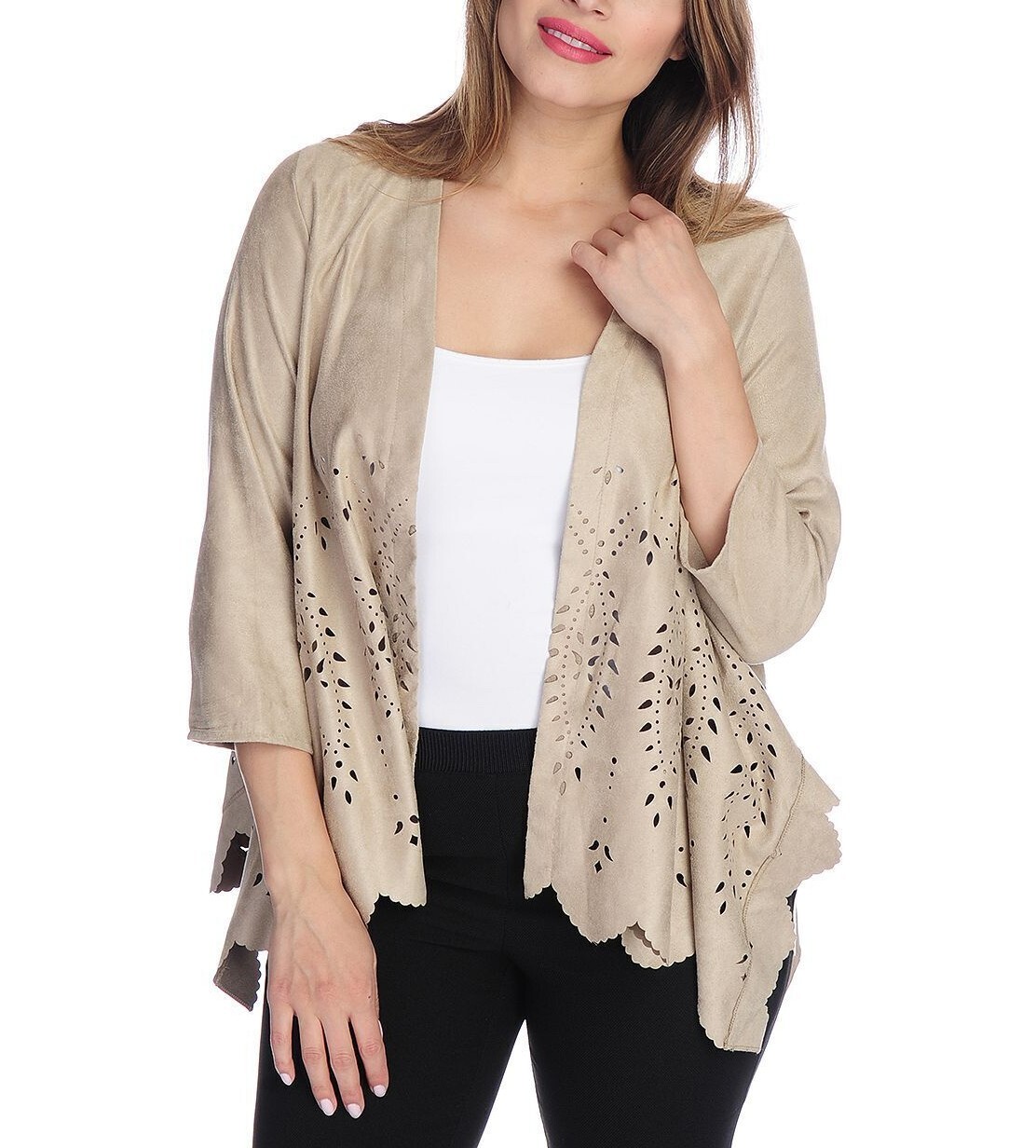 Kate & Mallory 3/4 Sleeve Faux Suede Laser Cut Cascade Cardigan Size M ...