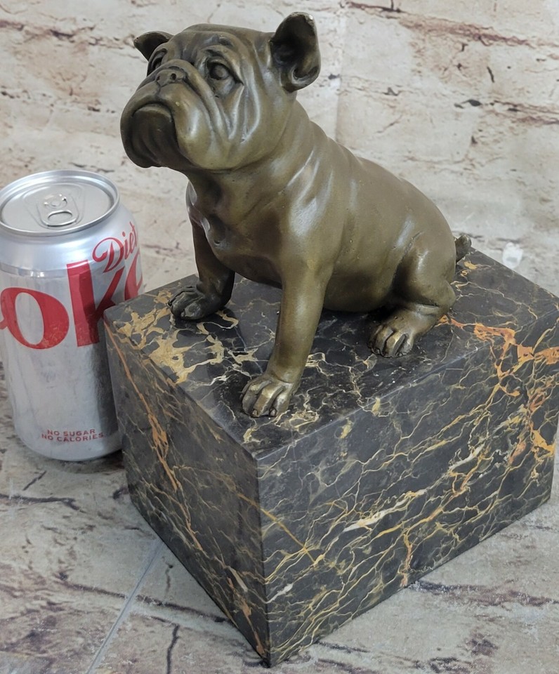 Bronze Sculpture of a Sitting Bulldog or Pug Dog on a Solid Slab Marble ...
