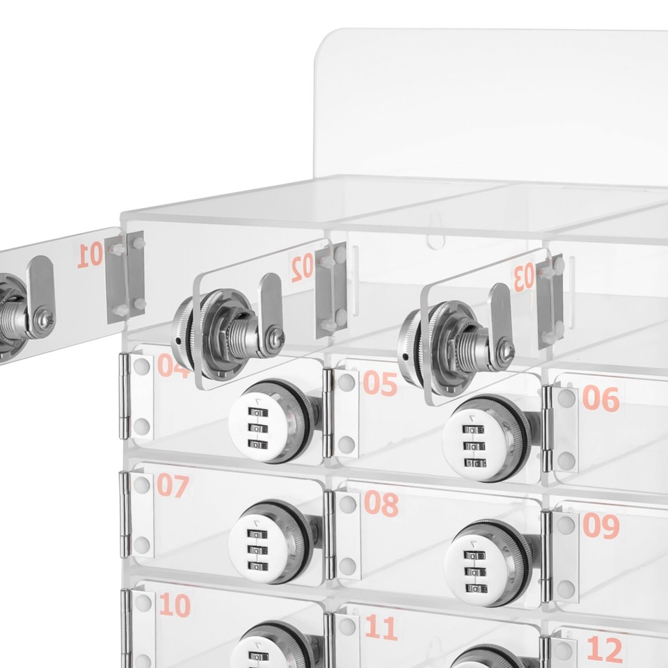 12 Slots Cell Phone Locker Box Transparent Acrylic Storage Box W/Locks ...