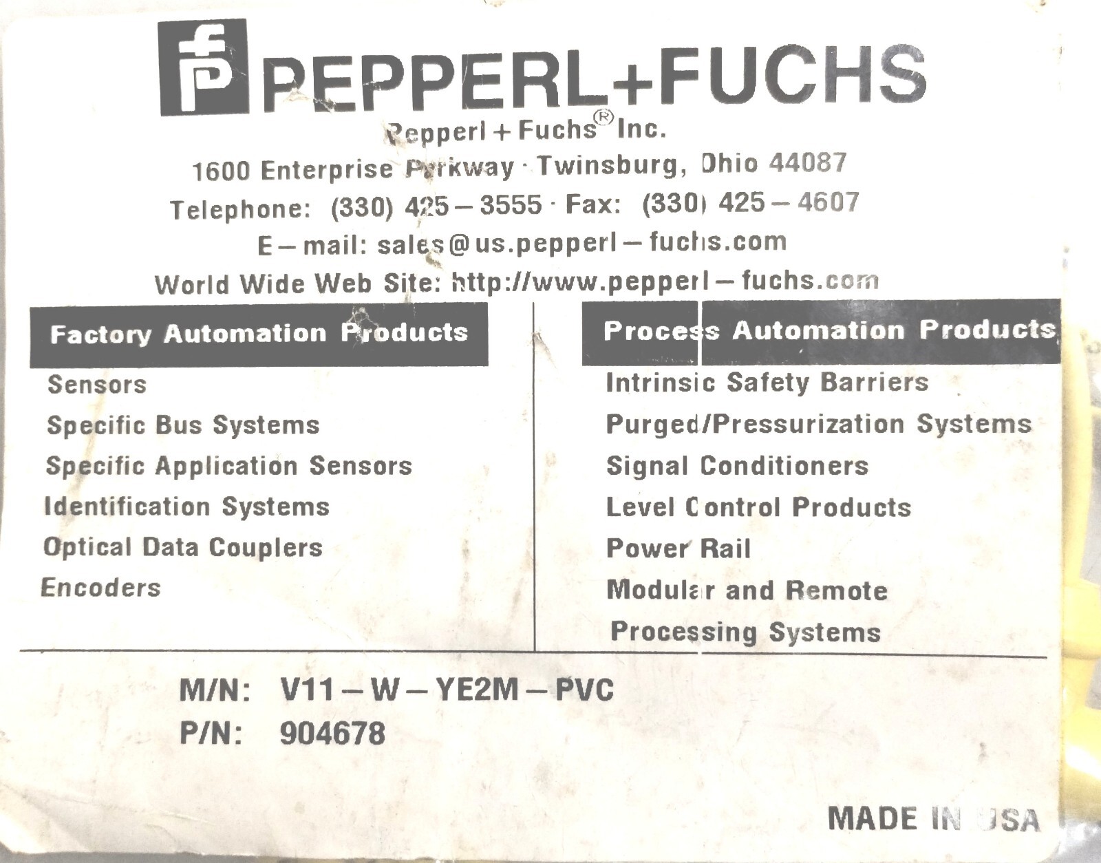 New V11-W-YE2M-PVC Pepperl Fuchs Proximity Sensor Switch Prox Cordset ...