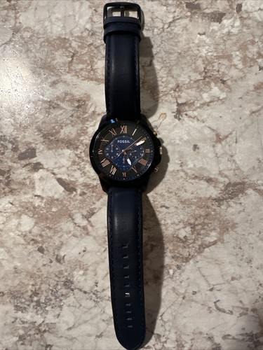 Fossil Grant FS5061 44mm Black Stainless Steel Case with Navy Leather ...