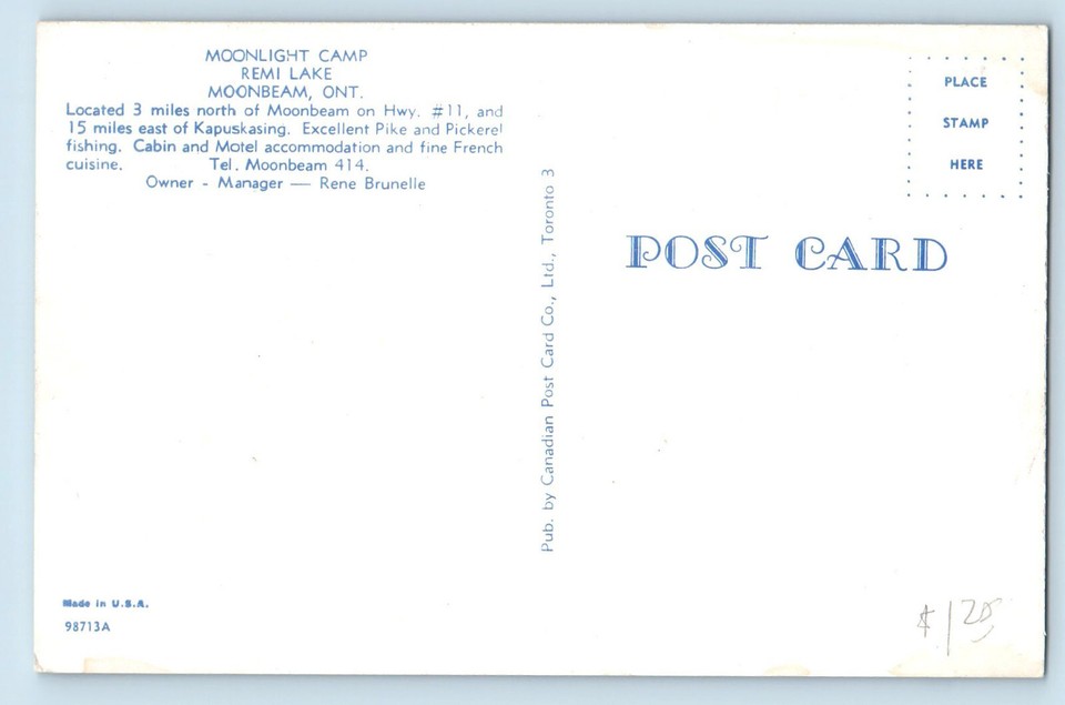 Moonbeam Ontario Canada Postcard Moonlight Camp Remi Lake c1950's ...