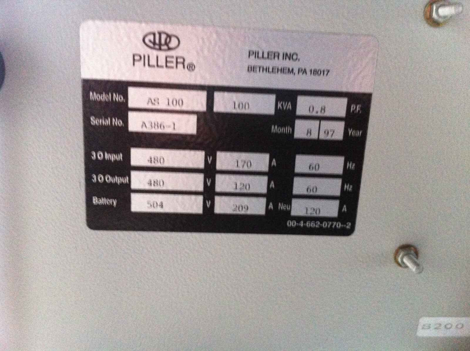 Piller Power Systems UPS Apostar 100KVA Battery Backup System Cabinet ...