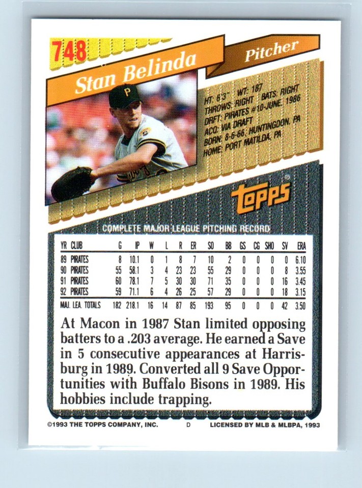 1993 Topps Straight from the Pack!!! Stan Belinda Pittsburgh Pirates ...