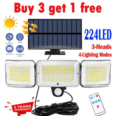 3 Head LED Solar Security Light PIR Motion Sensor Garden Wall Flood ...