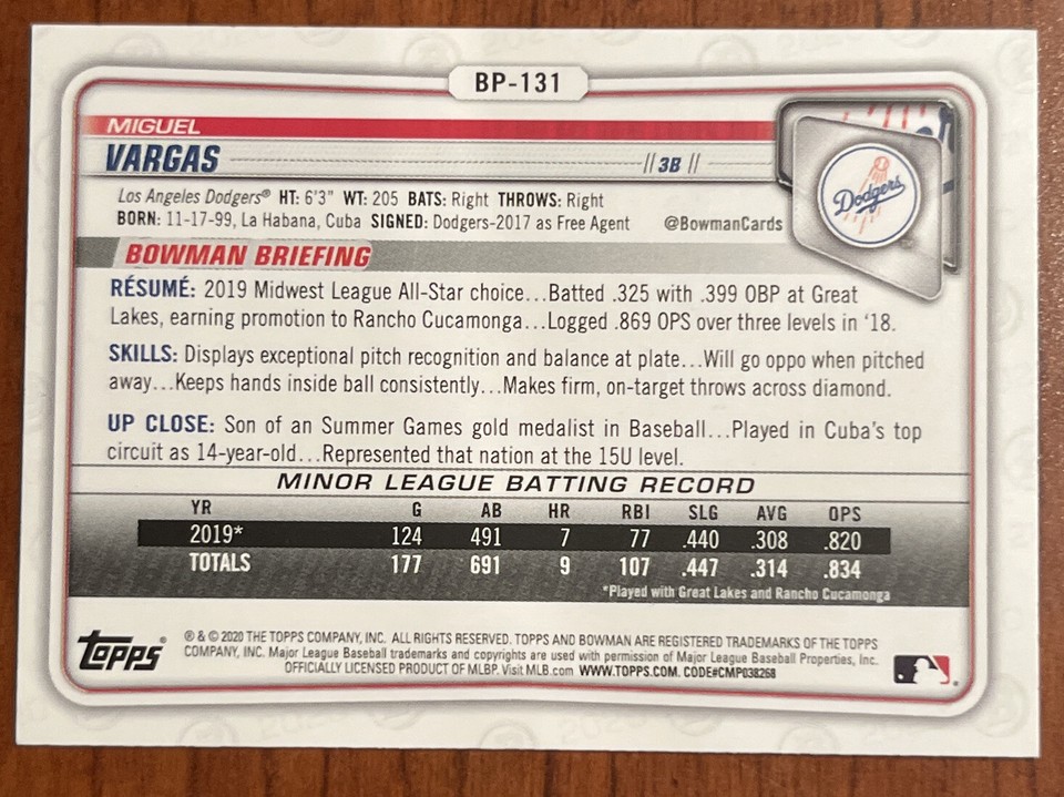 MIGUEL VARGAS Signed 2020 1st Bowman Baseball Card BP-131 DODGERS ...