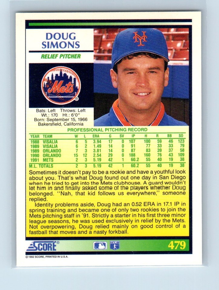 1992 Score Doug Simons New York Mets #479 | eBay