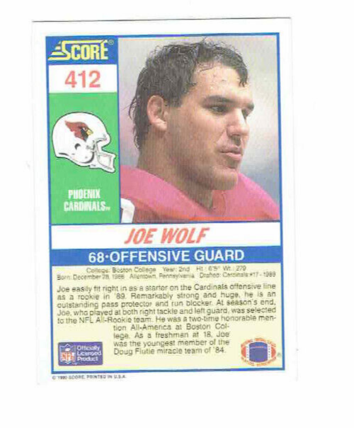 Joe Wolf Phoenix Cardinals #66 Offensive Guard #412 Score 1990 Football ...