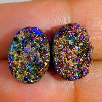 08.90Cts. Natural Rainbow Titanium Druzy Quartz Pair Oval Cabochon ...