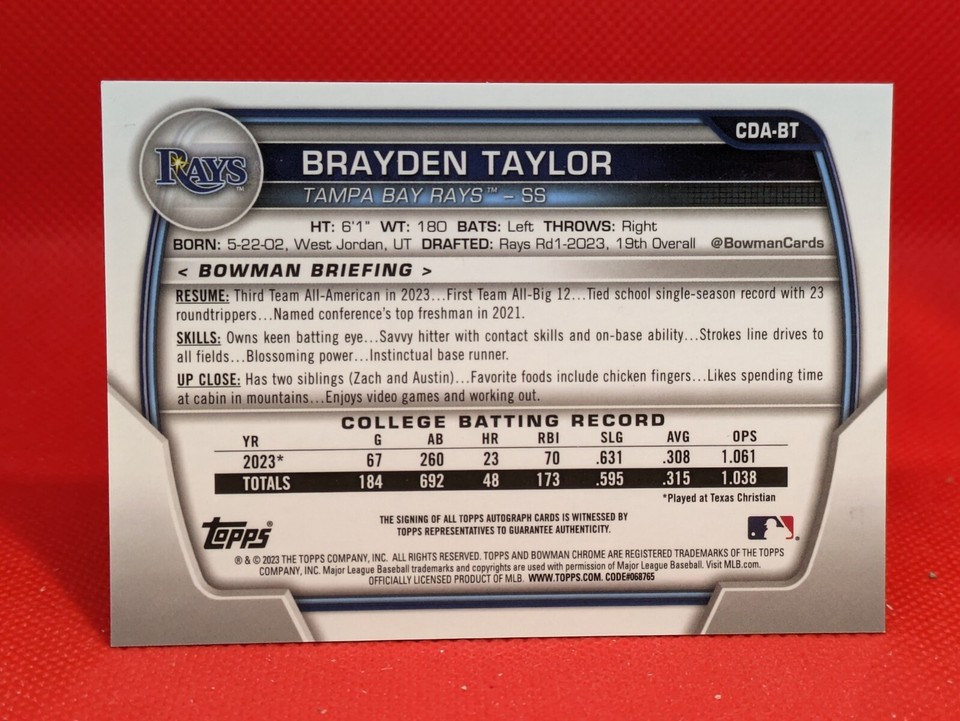 2023 Bowman Draft Brayden Taylor 1st Chrome Prospect Auto #CDA-BT Rays ...