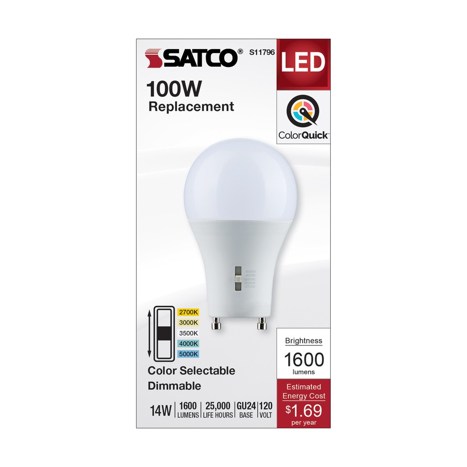 Satco S11796 LED 14W =100W 120V A19 Dimmable CCT Selectable GU24 White ...