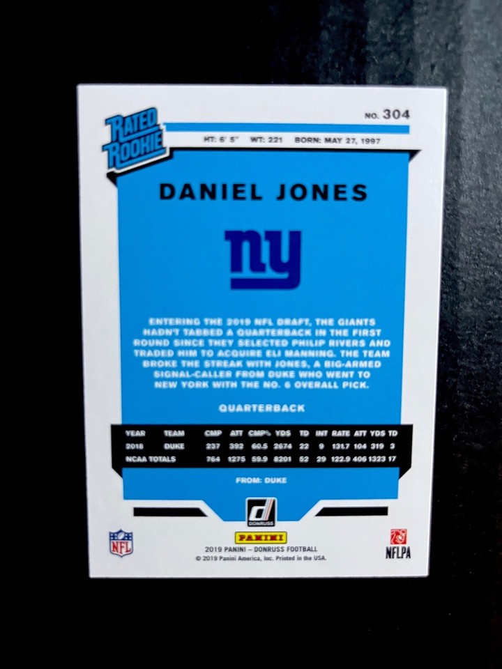 Daniel Jones Rookie 2019 Donruss Rated Rookie New York Giants RC #304 ...