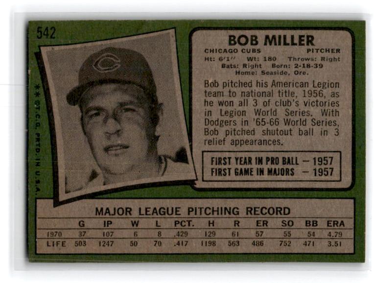 1971 Topps Baseball #542 Bob Miller Chicago Cubs Vintage Original | eBay