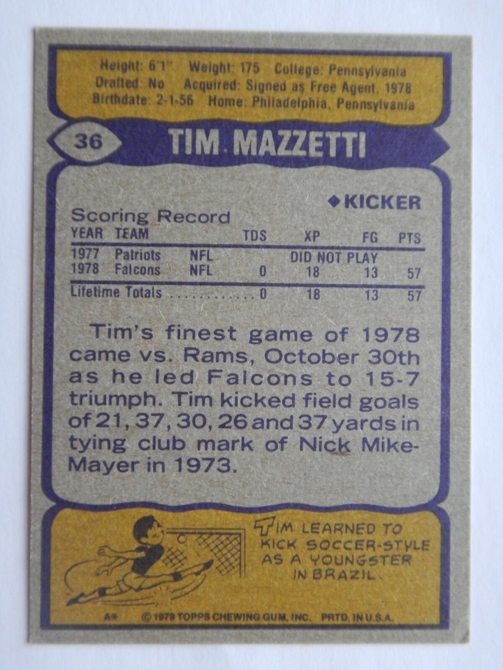 Tim Mazzetti #36 Topps 1979 Football Card (Atlanta Falcons) VG | eBay