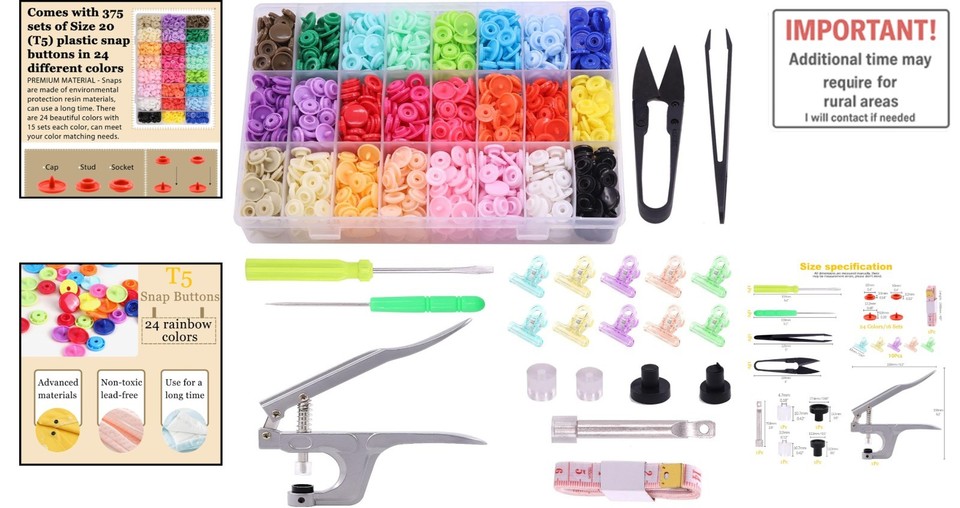 Complete 405 Pcs Snap Button Fastener Kit with Easy-to-Use Pliers in ...