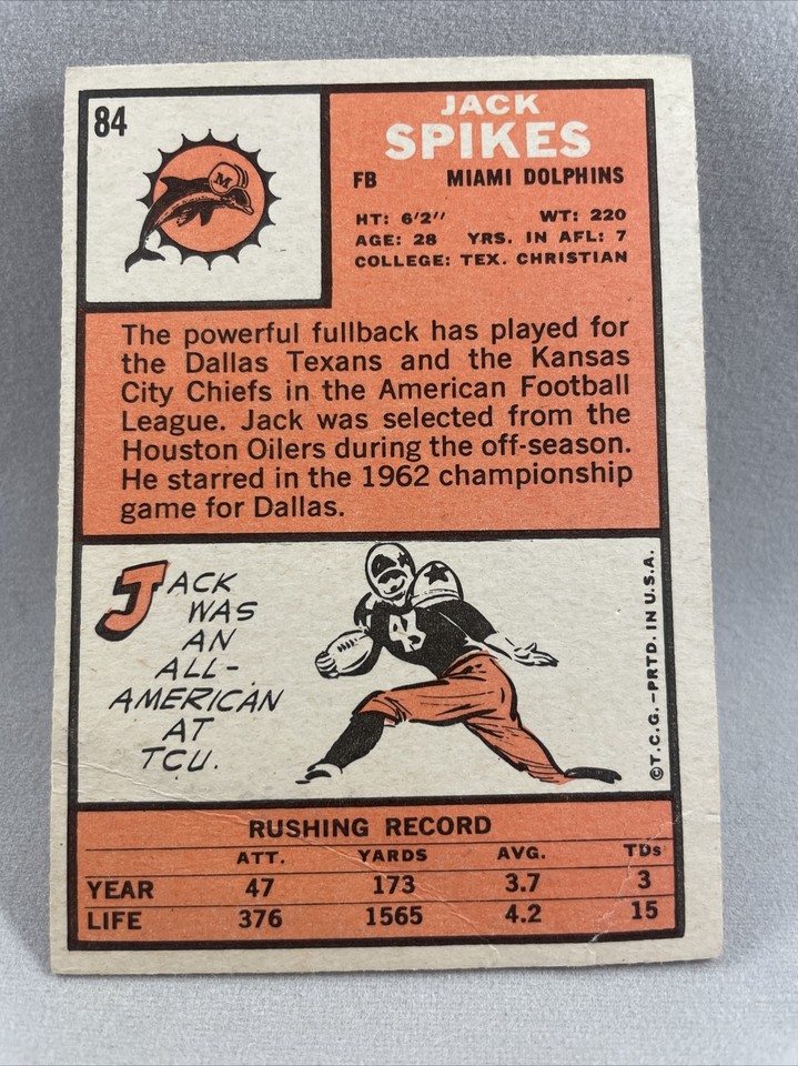 Jack Spikes -TCU HORNFROGS- Dallas Texans / Miami Dolphins Autographed ...