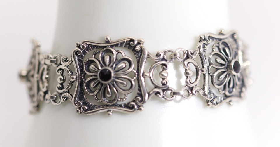 Vintage 835er Silver Costume Link Bracelet + Garnet Gemstone, L:17,5cm ...