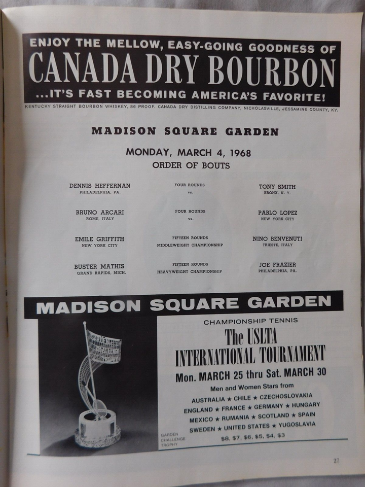 Joe Frazier Vs Buster Mathis & GRIFFITH Vs BENVENUTI Boxing Program ...