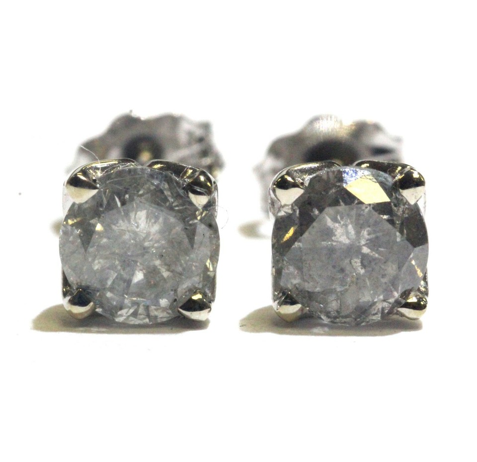 14k white gold 1.16ct I3 gray round diamond 4 prong art deco stud ...