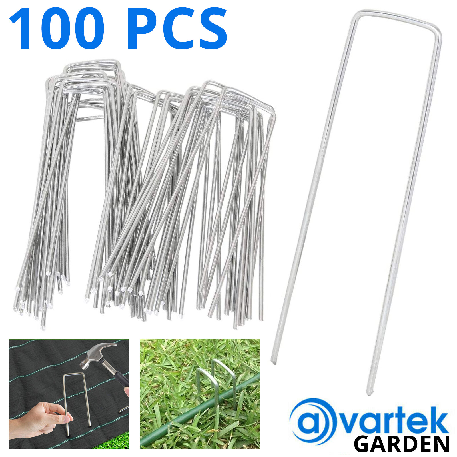 100 PACK GALVANISED U PINS GROUND GARDEN MEMBRANE FABRIC HOOKS PEGS ...