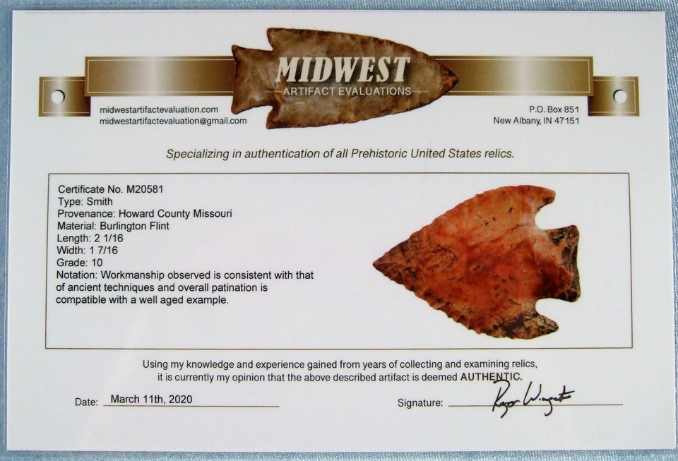 Exceptionally Fine G10 Missouri Smith Point with COA Arrowheads | eBay