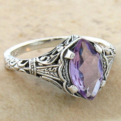 NATURAL AMETHYST 925 STERLING SILVER SOLITAIRE ART DECO STYLE FILIGREE ...