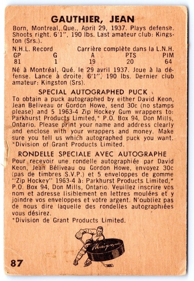 JEAN GAUTHIER RC 1963-64 PARKHURST 63-64 #87 POOR+ 73800 | eBay