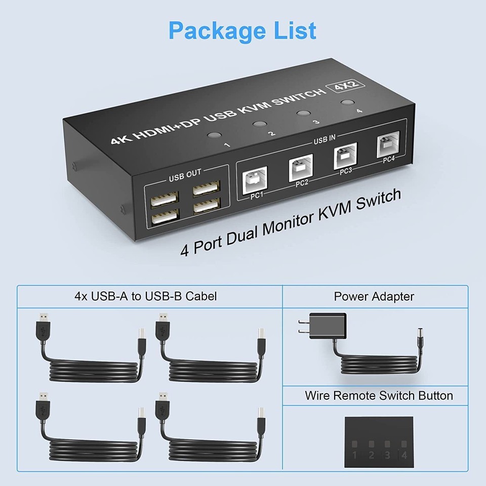 4 Port HDMI +DisplayPort DP USB KVM Switch Dual Monitor 4K 60Hz 4X2 KVM ...