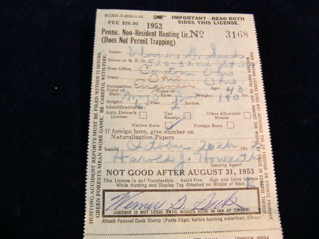 1952 Pennsylvania Non-Resident Deer & Bear Hunting License w/Kill Tags ...