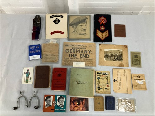 WW1 WW2 Militaria Lot inc 1945 War End Newspaper Pilot Log Book ...