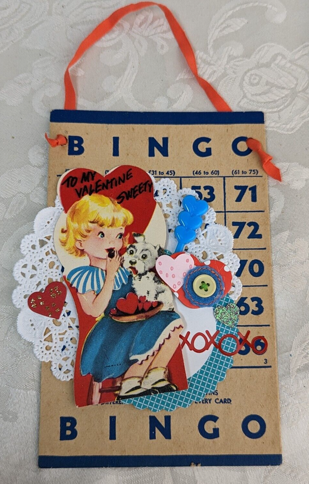 VALENTINE Decor Ornament Vintage Bingo Card & Valentine - Sweet Puppy ...