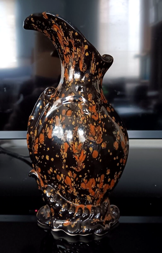 Abstract Shaped Black Vase Glossy Artsy Hand Blown Glass Ceramic 8 x 3. ...