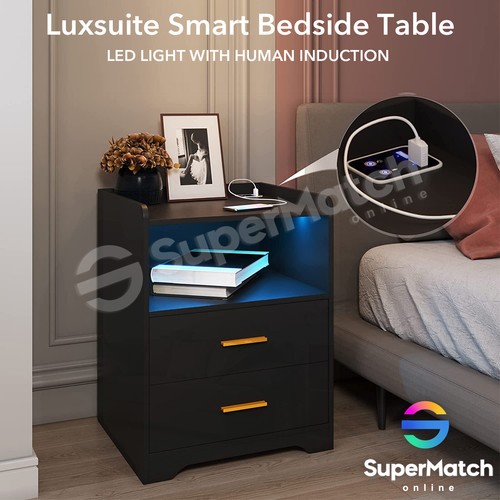 Smart Bedside Tables Side Table RGB LED 2 Drawers Nightstand 2 USB ...
