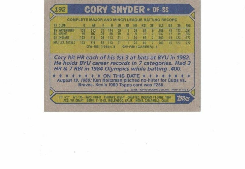 CORY SNYDER SIGNED IP TOPPS ALL STAR ROOKIE #192 1987 CLEVELAND INDIANS ...