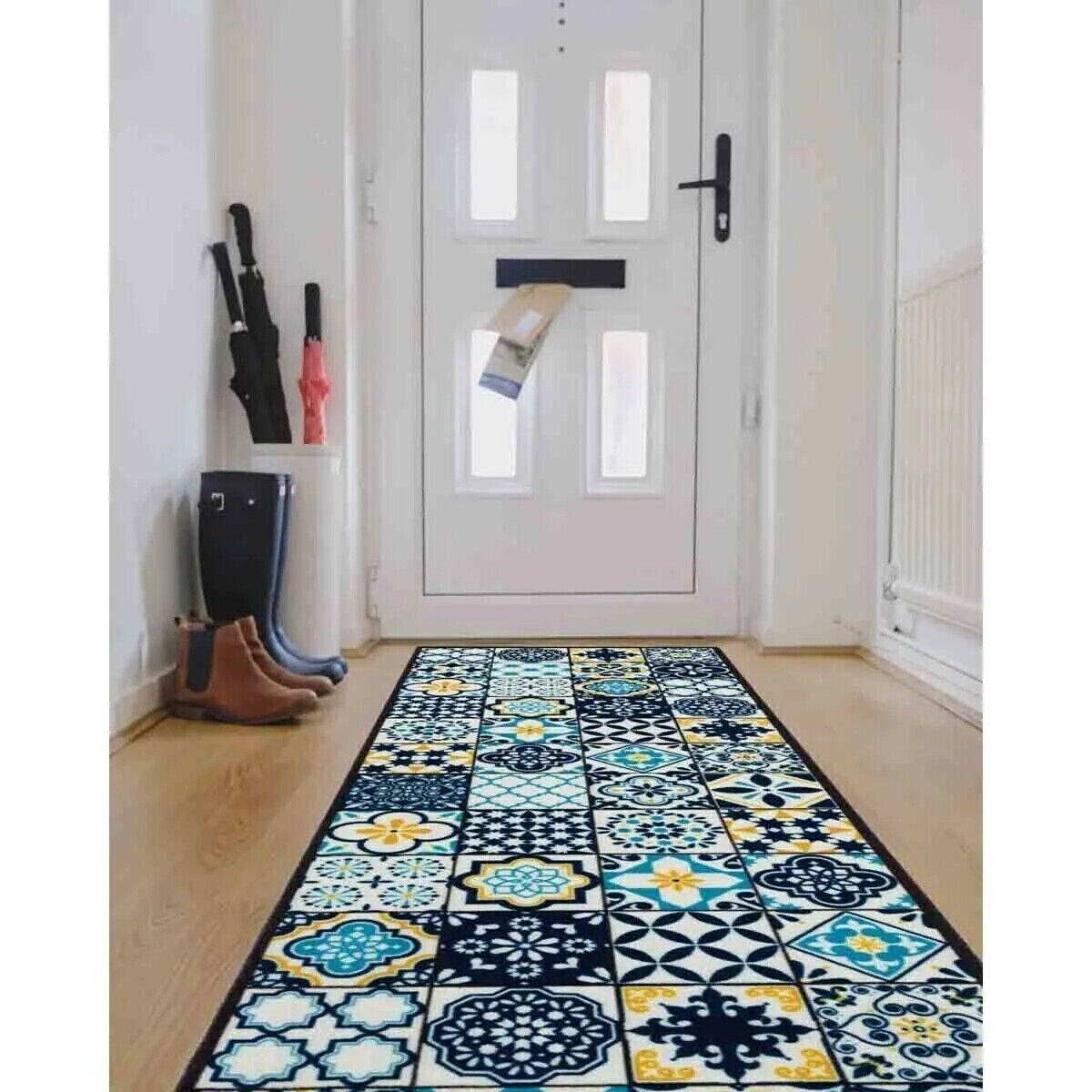 Kensington Runner Rug Teal Washable Hall Kitchen Mat Victorian Tile ...