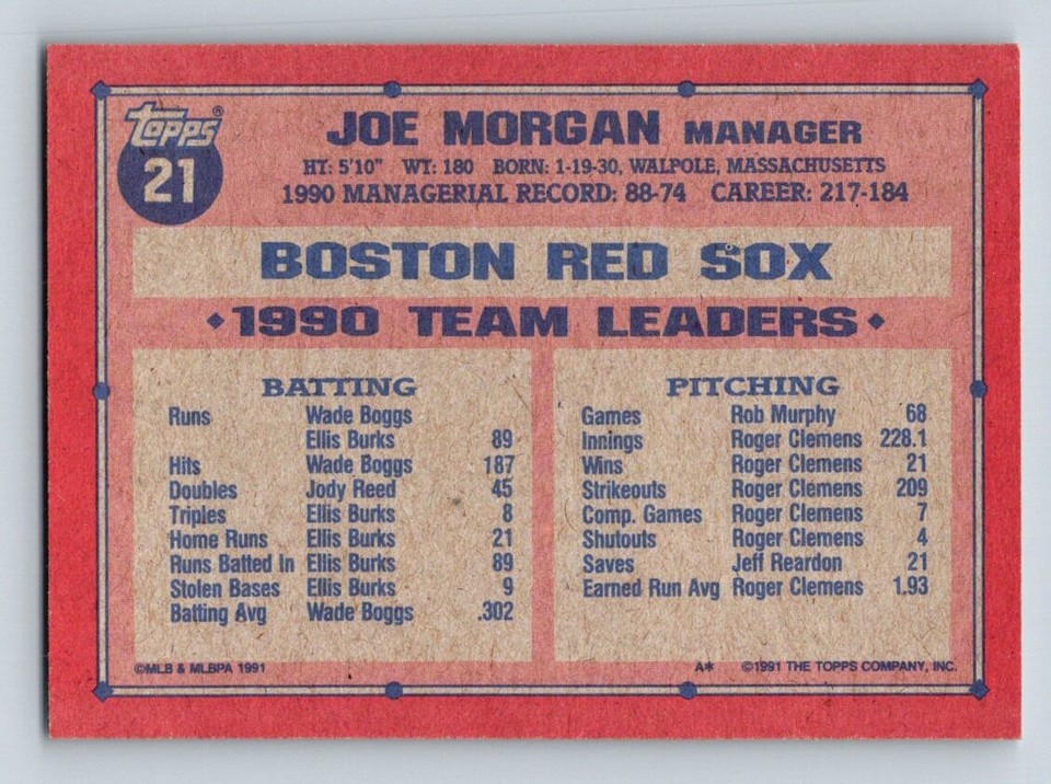 1991 Topps 21 Joe Morgan Boston Red Sox | eBay
