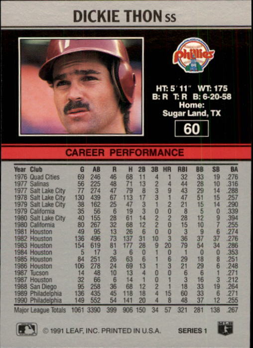 1991 Leaf Philadelphia Phillies Baseball Card #60 Dickie Thon | eBay