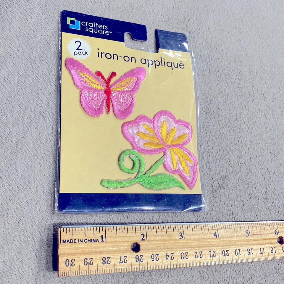 New Crafters Square Embroidered Butterfly & Flower Iron-On Applique ...